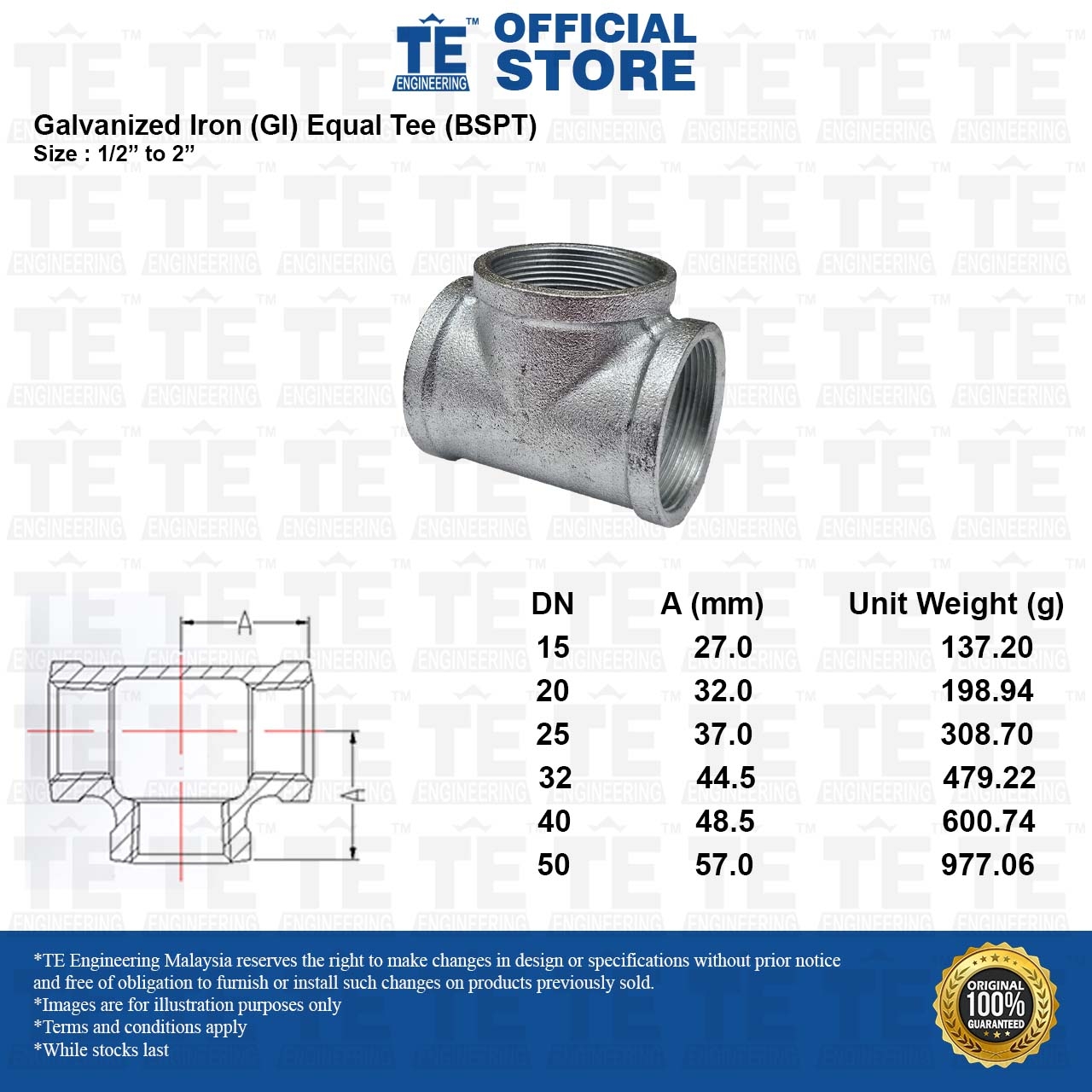 Galvanized Iron GI Equal Tee ( 1/2" ~ 2" ) BSP | TE Engineering