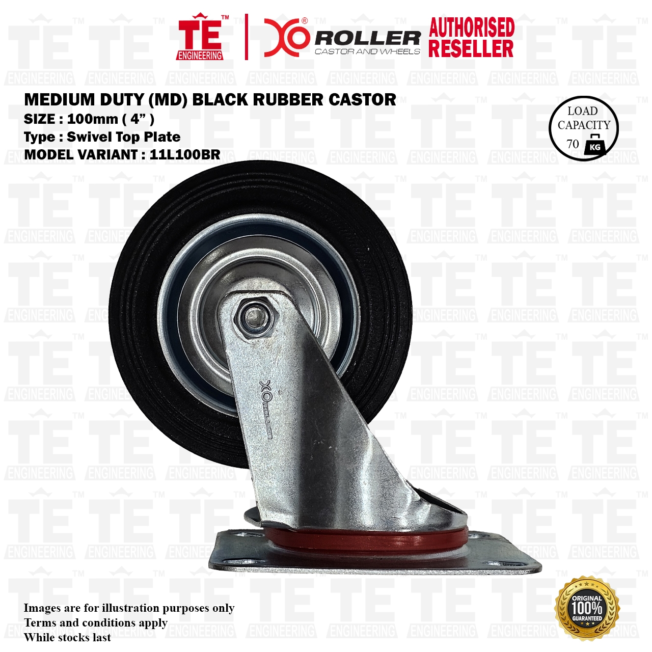 XO Roller 4" ( 100mm ) Medium Duty Black Rubber Swivel Castor ...