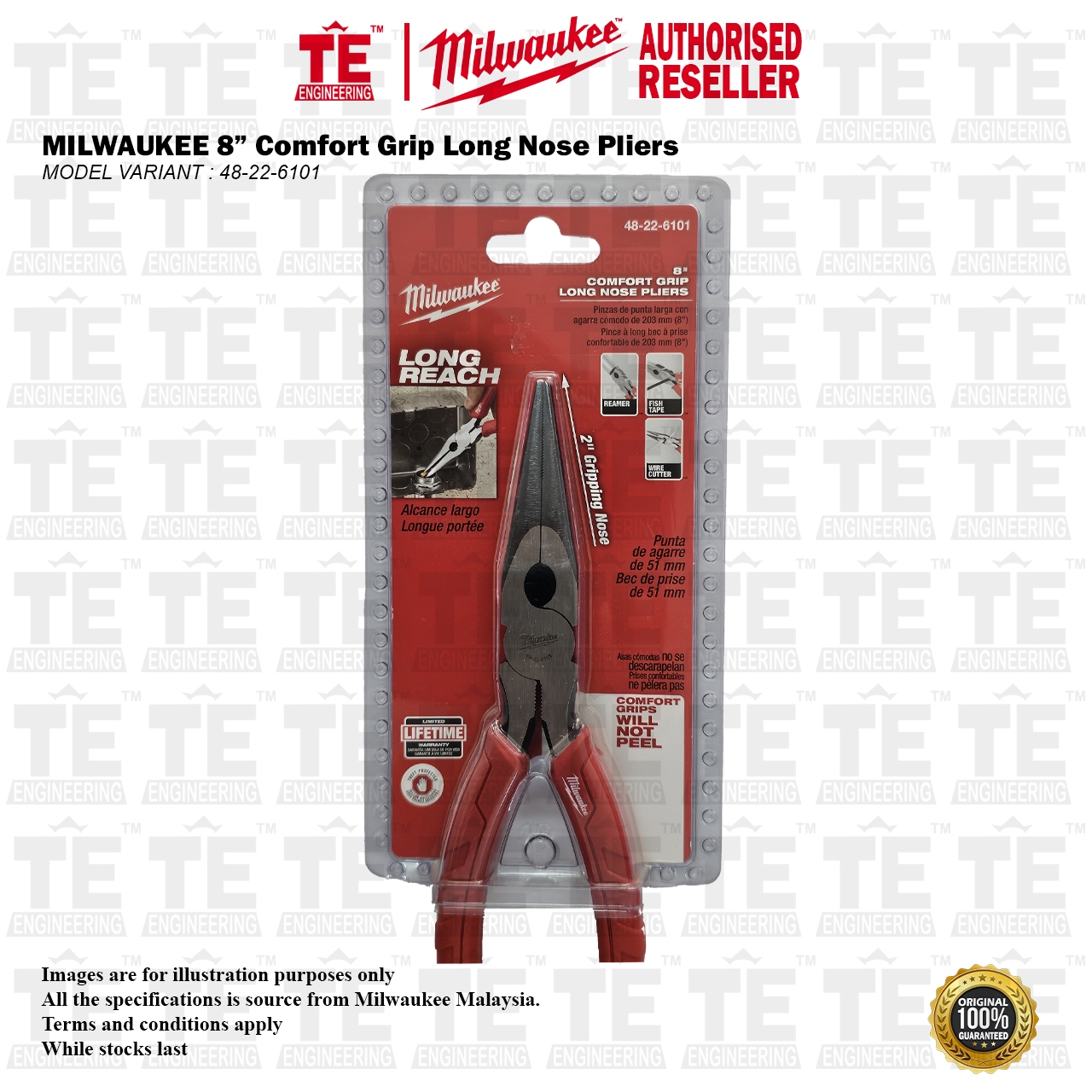 MILWAUKEE 8” Comfort Grip Long Nose Pliers 48-22-6101 | TE Engineering